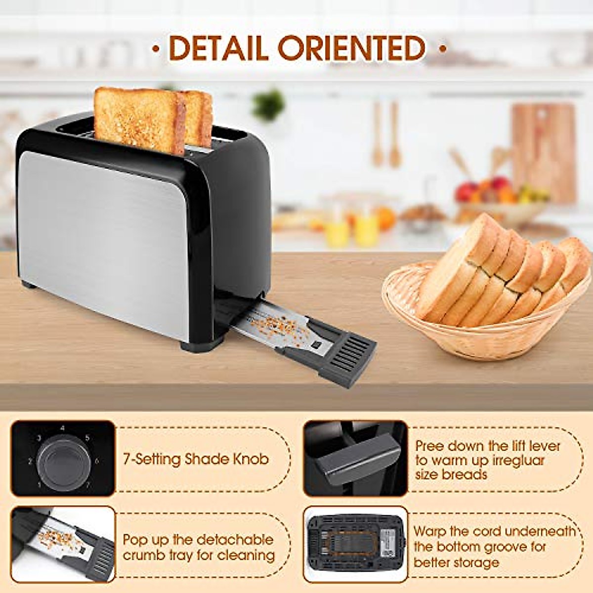 Toaster 2 Slice Stainless Steel Toaster Two Slice Toaster with Removable Crumb Tray Toaster Wide Slot Toasters 2 Slice Best Rated Prime with 7 Bread Shade Settings and Bagel, Defrost, Cancel Function for Bread (Black-2P)