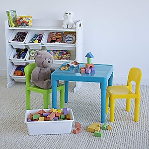 Humble Crew, Aqua Table & Green/Yellow Kids Lightweight Plastic Table and 2 Chairs Set, Square, Toddler & Natural Wood/Primary Kids Book Rack Storage Bookshelf, 4 Tiers, Toddler