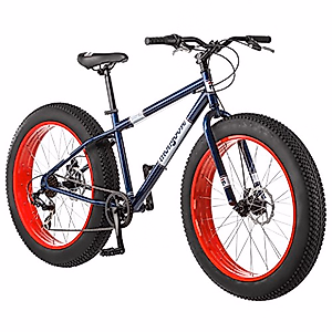 Mongoose Dolomite Mens and Womens Fat Tire Mountain Bike, 26-inch Wheels, 4-Inch Wide Knobby Tires, 7-Speed, Adult Steel Frame, Front and Rear Brakes, Navy Blue