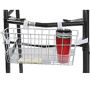 HealthSmart Walker Storage Basket with Cup Holder and Insert Tray, FSA Eligible, No Tools Needed, Universal Fit, White, 16 x 5.5 x 7, Walker Accessories Basket