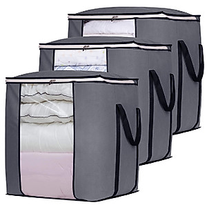 SLEEPING LAMB 120L Oversized Blanket Storage Bags Sturdy Fabric Clothes Storage Containers for King Comforter Bedding Pillow Sheet, Grey, 3 Packs