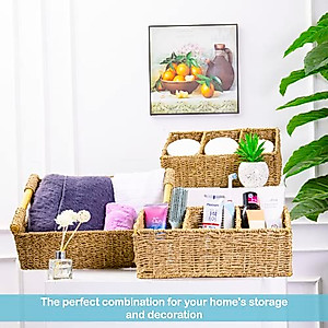 3 Compartment Storage Baskets for Organizing, Seagrass Toilet Paper Small Basket, Large Seagrass Storage Baskets for Shelves, Set of Hand-Woven Natural Wicker Storage Basket - 3 pack
