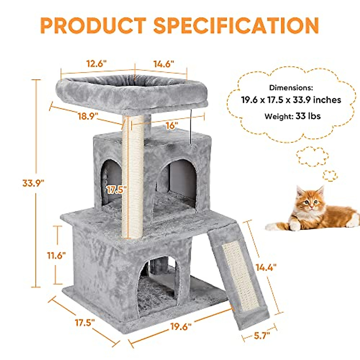 Nova Microdermabrasion Cat Tree, 34 Inches Ultra Soft Plush Covering with Sisal Rope Posts for Scratching, House Furniture for Kittens, Grey