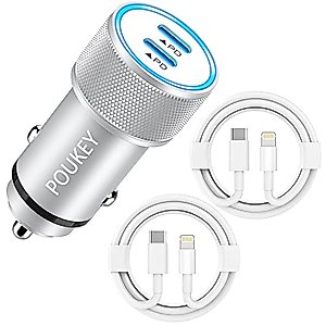 iPhone Car Charger Fast Charging[Apple MFi Certified],40W Apple Car charger for iPhone 14 13 12 Pro Max/11/XR/XS/X/iPad,Poukey Rapid PD Dual USB C Car Charger Adapter with 2x Type C to Lightning Cable