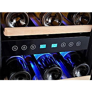 Phiestina Dual Zone Wine Cooler Refrigerator, 33 Bottle Free Standing Compressor Fridge and Chiller for Red and White Wines, 16'' Glass Door Wine Refrigerator with Digital Memory Temperature Control