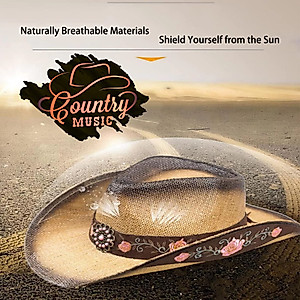 WELLATENT Cowboy Hats for Women, Brown Cowgirl Hats Classic Straw Western Hats for Women Music Festival Party Beach.