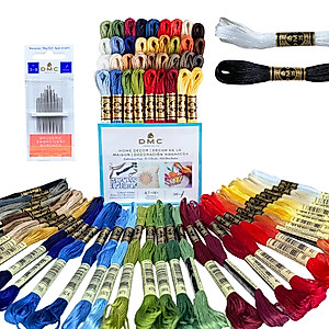 DMC Home Decor Embroidery Floss Set, Assortment Pack of 36 Cotton Thread Kit Bundle with Hand Embroidery Needle Size 3/9 and Threads of DMC Black/White.Cross Stitch String, Yarn Supplies