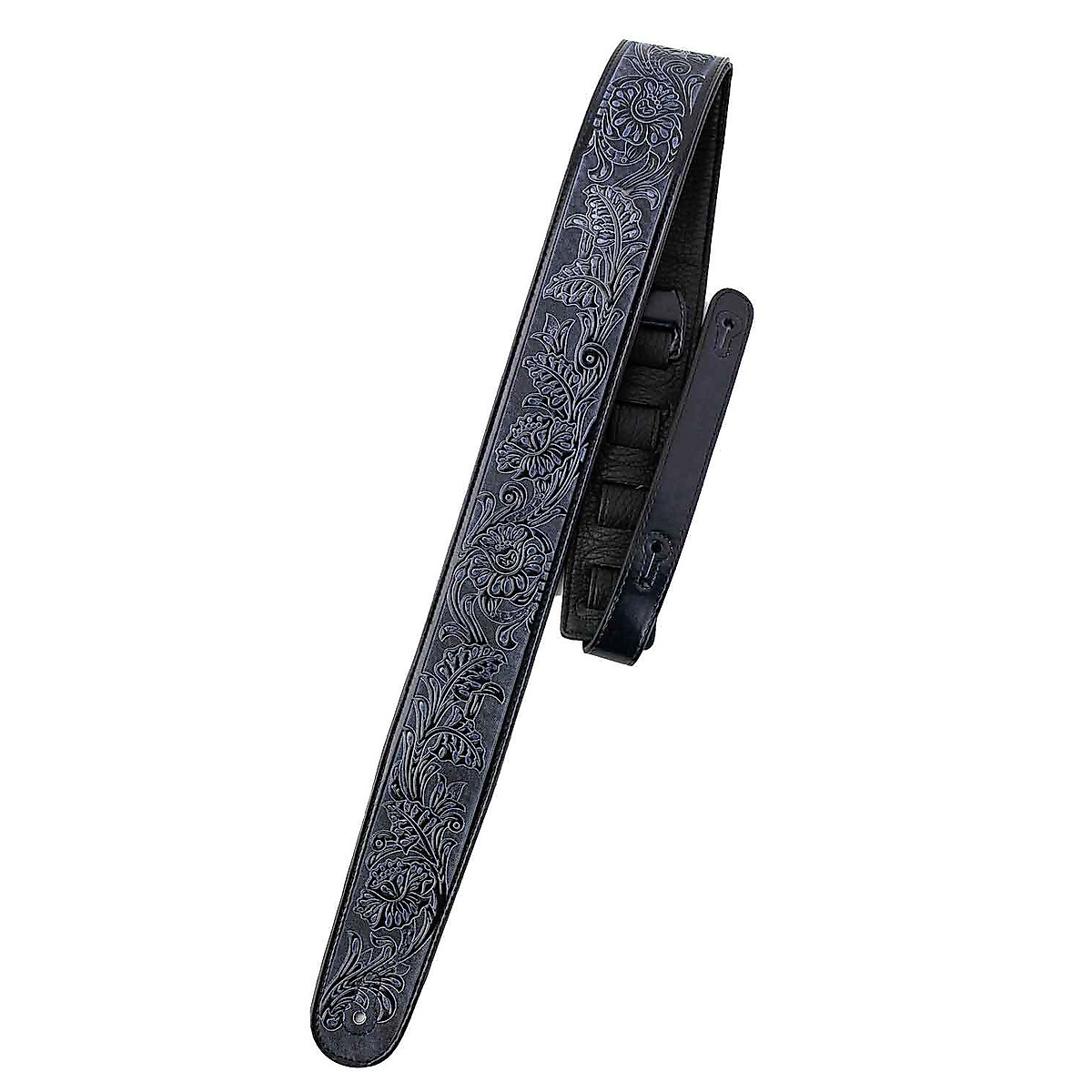 Walker & Williams DLX-282 Handmade Brushed Black Padded Guitar Strap with Embossed Tooling For Acoustic, Electric, And Bass Guitars