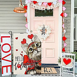 CROWNED BEAUTY Valentines Day Cat Garden Flag 12x18 Inch Small Double Sided for Outside, Hello Valentine Heart Yard CF686-12