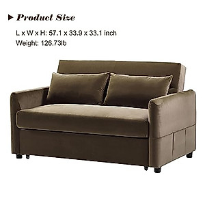 3 in 1 Convertible Sleeper Sofa Couch Bed Pull Out Couch Velvet Sofa Futon with 2 Lumbar Pillows and Adjustable Backres,Love Seat Bedroom Furniture for Small Places,Living Room,Apartment,Light Brown