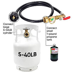 New Updated with Pressure Gauge 36" Propane Refill Adapter Hose,350PSI High Pressure Camping Grill(QCC/Type1 Inlet) 1LB Propane Gas Tank Adapter Connector with ON-Off Control Valve