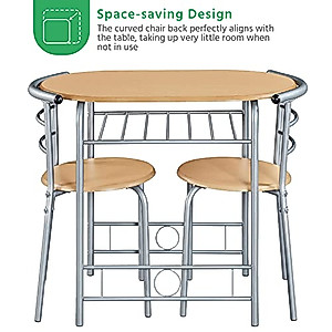 Yaheetech 3 Piece Round Dining Table Set Kitchen Breakfast Table Set for 2 Dining Table with 2 Chairs Space Saving Table Set w/Metal Frame, Wine Rack for Small Space/Dining Room/Apartment, Natural