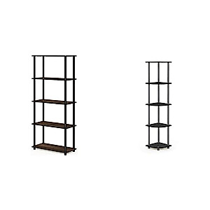 Furinno Turn-N-Tube 5-Tier Multipurpose Shelf, Columbia Walnut/Black & Turn-N-Tube 5 Tier Corner Display Rack Multipurpose Shelving Unit, 1-Pack, Black/Grey