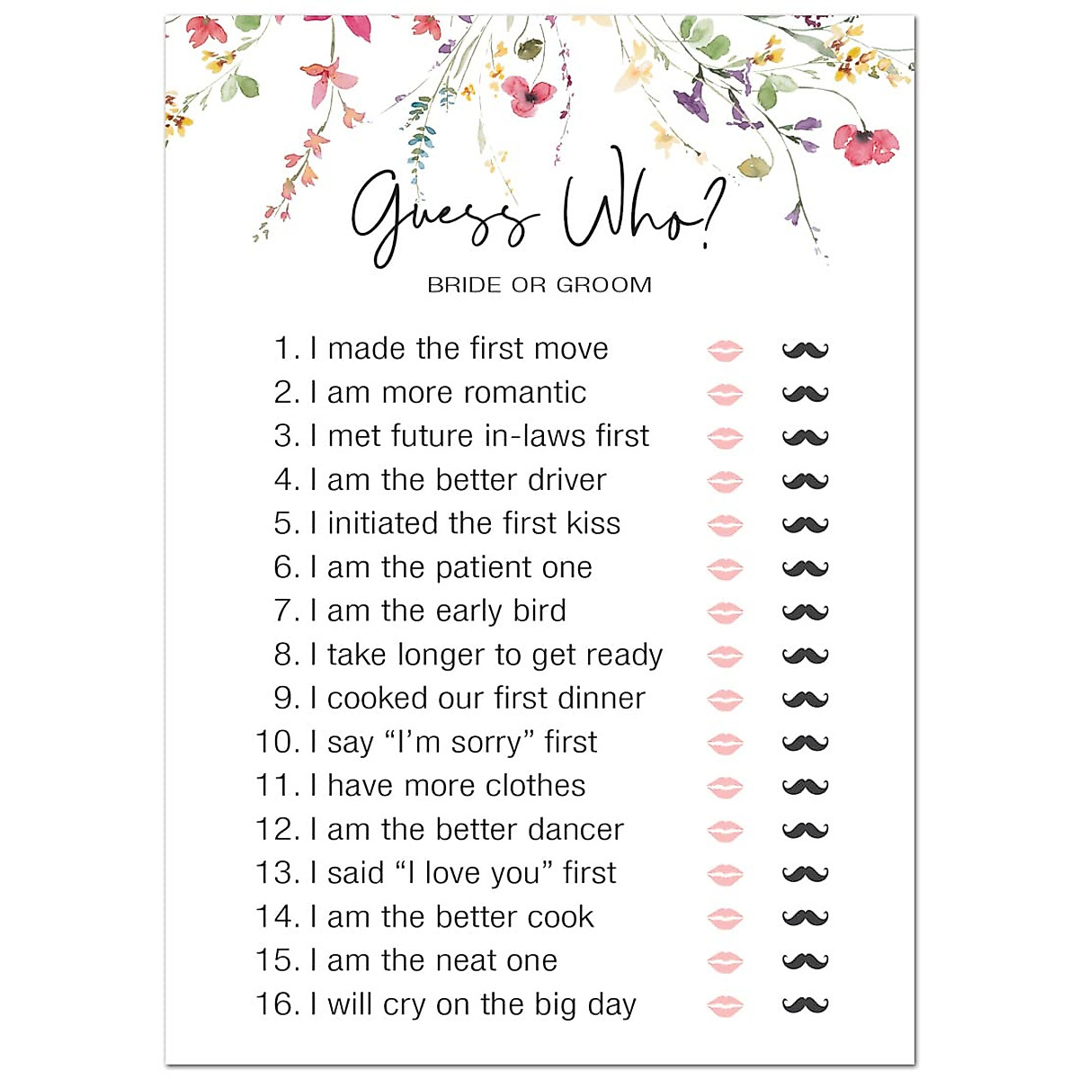 24 Wildflower Floral Bridal Shower Games (Guess Who Bride or Groom)