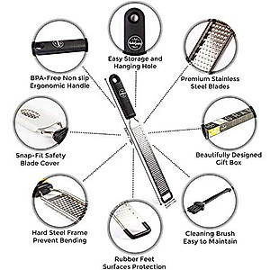 BelleGuppy Lemon Zester & Cheese Grater, Professional Zesting tool for Parmesan, Citrus, Ginger, Nutmeg, Garlic, Chocolate, Fruits, Razor-Sharp Stainless Steel Blade Protective cover, Dishwasher Save