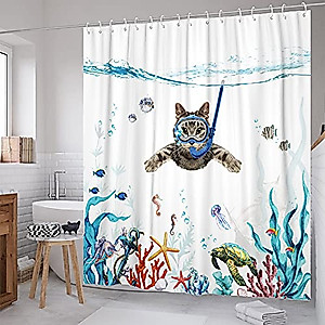 Fowocu Funny Cat Shower Curtain Set Teal Blue Sea Ocean Waterproof Fabric Shower Curtains with Animal Octopus Starfish Turtle Anchor Fish Nautical Bathroom Curtain Decor (Blue, 72''×72'')