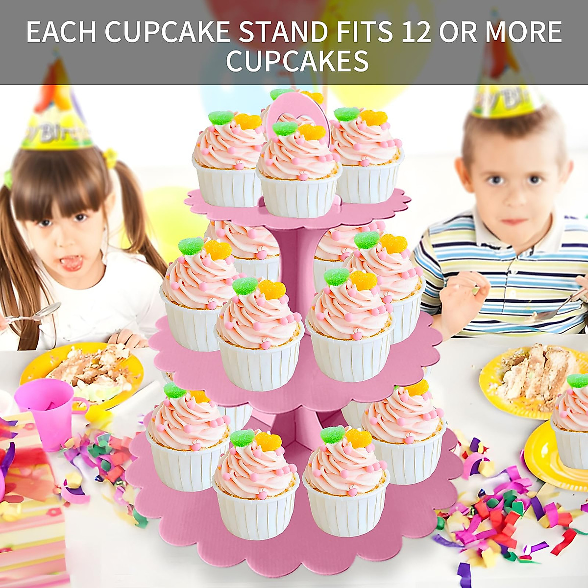 Humlindo 2 Pack Pink Cupcake Stand Tower, 3-Tier Cardboard Cup Cake Display Dessert Holder for Parties Holidays Birthday Party Wedding Baby Shower Anniversaries Decoration, Tiered Cupcake Stand