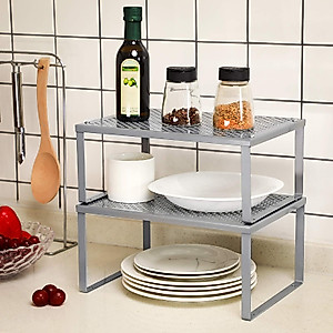 SONGMICS Bamboo Shelf Organizers and Metal Shelf Organizers Bundle, Stackable, Expandable Kitchen Shelves, Silver, Natural and White UKCS01SV and UKCS02NW