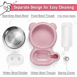 Azwraith Double Dog Cat Bowls, Pet Water and Food Bowl Set with Automatic Water Dispenser Bottle Detachable Stainless Steel Bowl for Small Dogs and Cats Kitten Puppy Rabbit Bunny - Pink