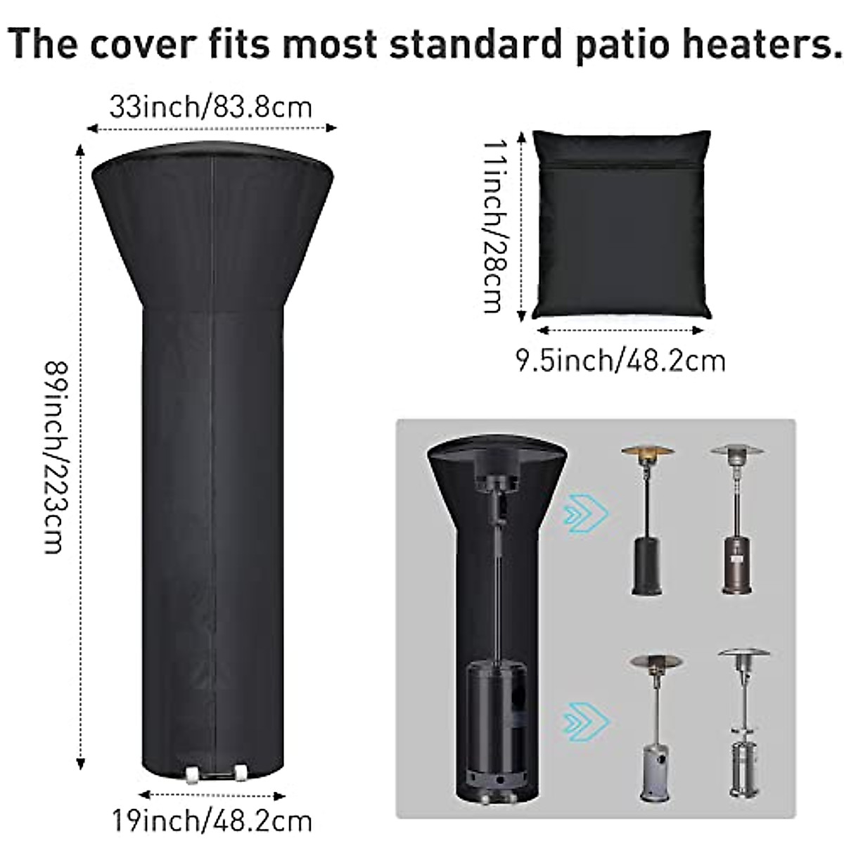 Hayenda Patio Heater Covers, Outdoor Heater Cover with Zipper and Storage Bag Waterproof Covers for Standing Heater, Black 89”Hx33”Dx19”B