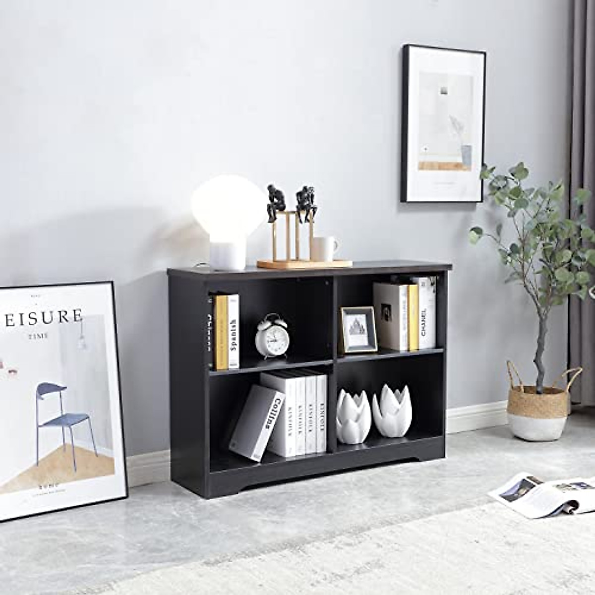 Royal Woods RUIENHOME Industrial Storage Cube Wood Bookcase, 2 Tier 4 Open Shelf Cabinet, Multipurpose Bookshelf, Display Cabinet for Office, Hallway, Playroom, 39.37x 11.69x 28.74 inch, Black