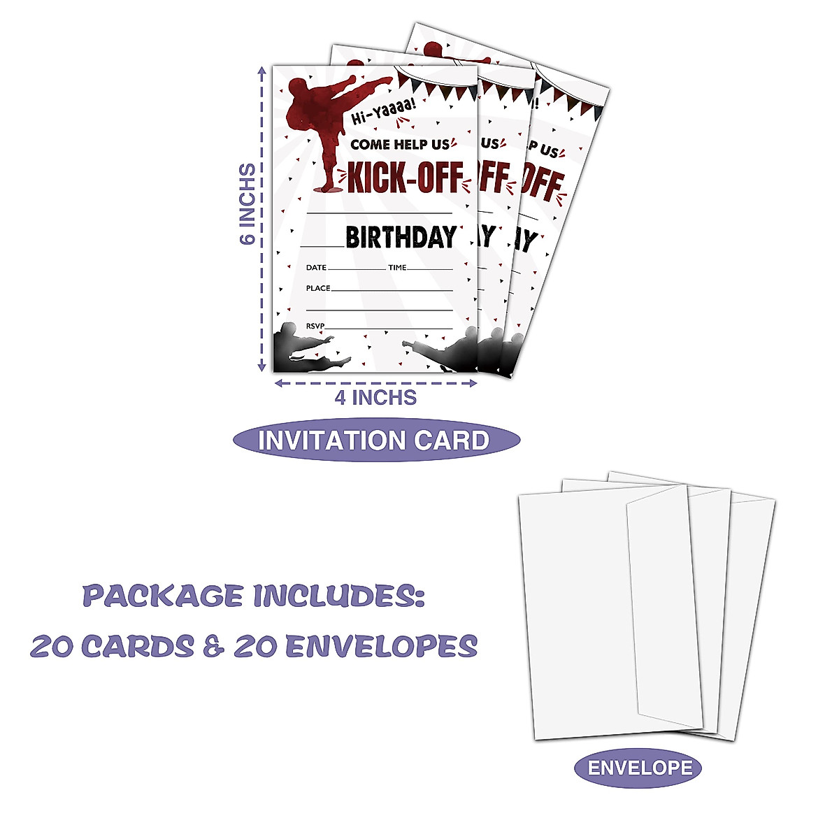 Karate Birthday Party Invitation, Martial Arts Themed Fill-In Invites, 20 Invitations With Envelopes for Man (4" X 6"), Adults Ninja Party Favors Decorations and Supplies -43