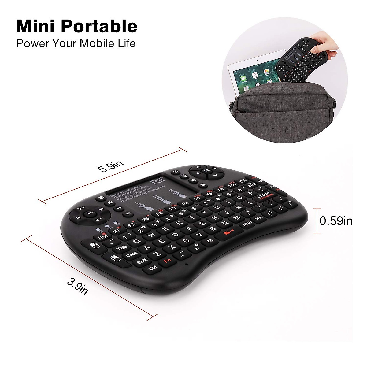 Rii Mini Wireless Bluetooth Keyboard with Touchpad, Support Bluetooth +(RF) 2.4GHz Wireless Connection for Smartphones, PC, Tablet, Laptop TV Box iOS Android Windows Mac.Black