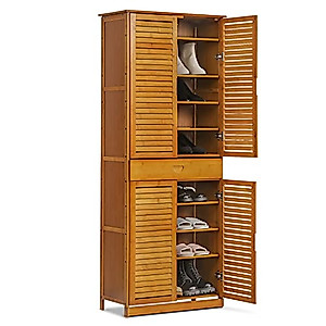 MoNiBloom Tall Shoe Storage Cabinet with 2 Double Shutter Doors & 1 Drawer, Bamboo Free Standing Shoes Shelf Stand for 26-30 Pairs Entryway Hallway Bedroom, Brown
