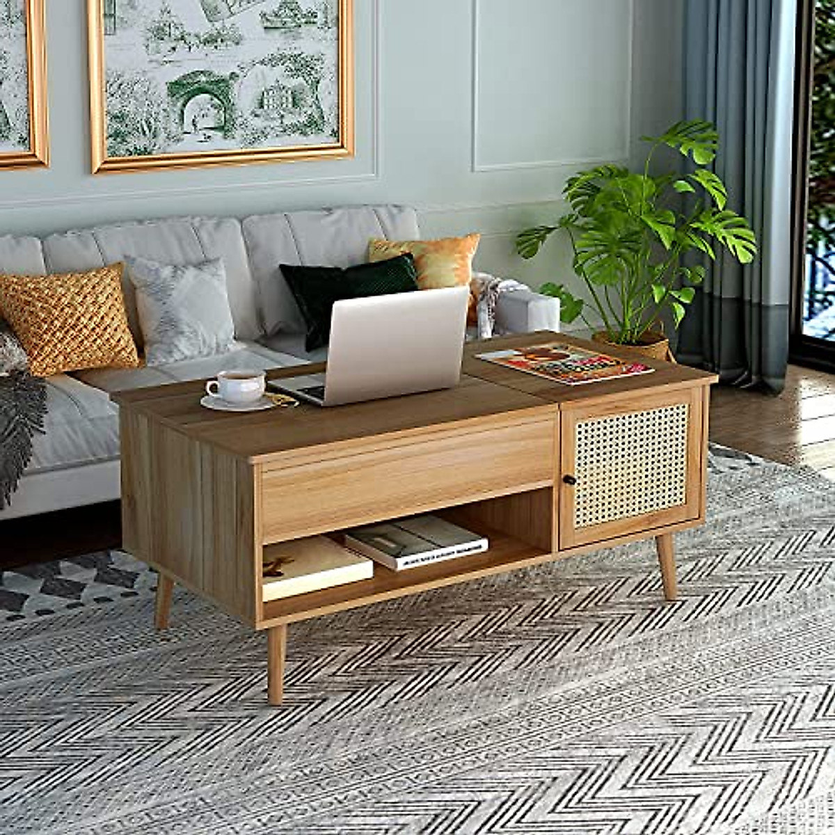 FOKWE Lift Top Coffee Table with Hidden Compartment, Big Storage Space and Adjustable Storage Shelf Lift Tabletop Dining Table for Home Living Room, Office (Walnut)