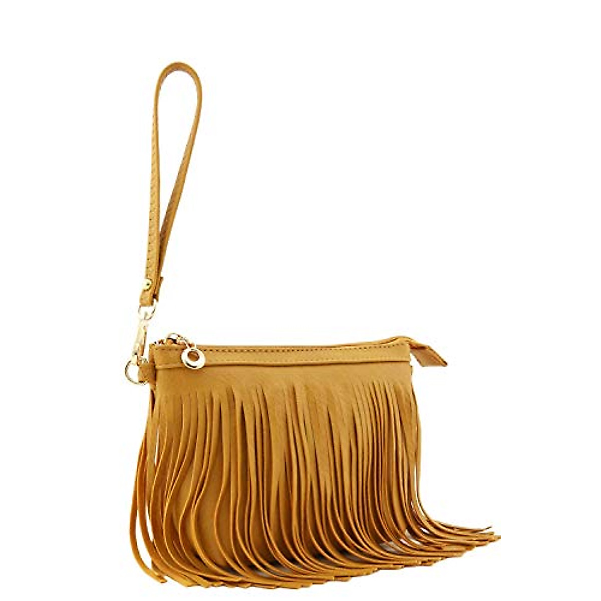 FashionPuzzle Small Fringe Crossbody Bag with Wrist Strap (Dark Mustard)