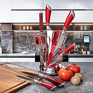 Kitchen Knife Set, 9-Piece Red Knife Set with Acrylic Block, Non Stick Sharp High Carbon Stainless Steel Chef Knife Set with Sharpener for Kitchen Cutting Kitchen Gifts for Women