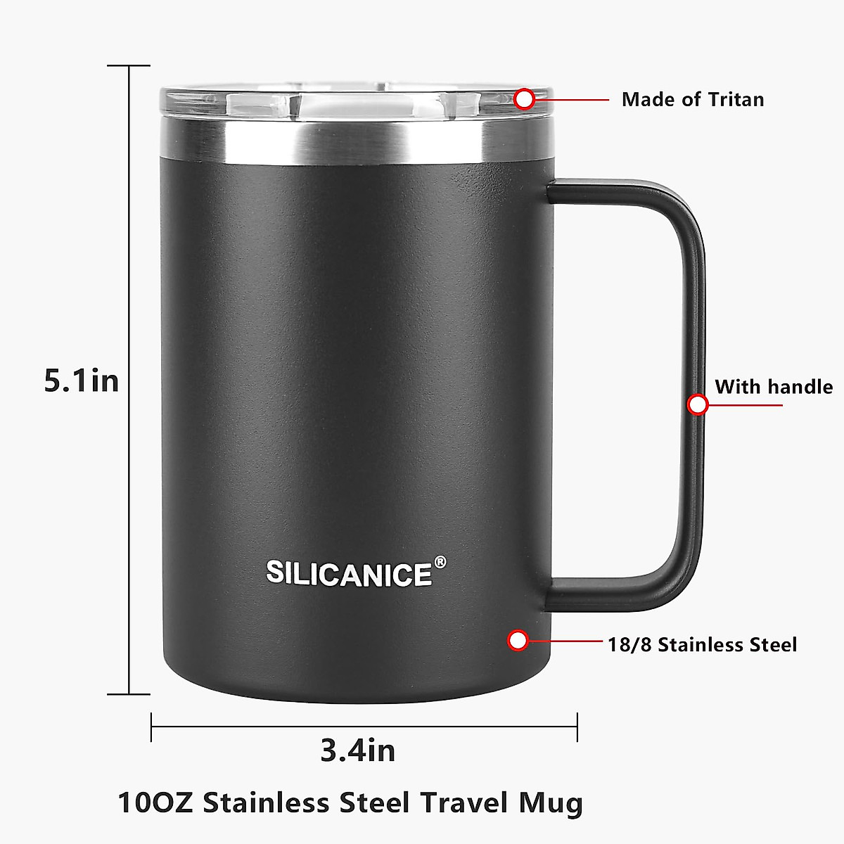 SILICANICE 14 oz Stainless Steel Vacuum Insulated Tumbler with handle & MacSlider Lid, Dishwasher Safe & Spill Proof Coffee Cup, Travel Mug for Hot/Cold Drinks, Durable Design - Black