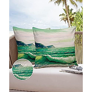 Outdoor Waterproof Pillow Covers for Patio Furniture Watercolor Ocean Wave Green Decorative Throw Pillow Cover Abstract Beach Scene Pillowcases Set of 2 Cushion Case for Sofa Couch Chair 18 x 18 in