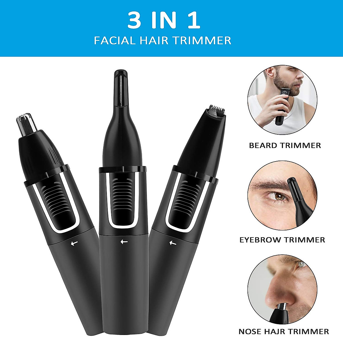 Aotesbu Ear and Nose Hair Trimmer Clipper, Professional USB Rechargeable Painless Facial Hair Trimmer for Men and Women, 3 in 1 Lightweight IPX7 Waterproof Nostril Nasal Hair Vacuum Cleaning System