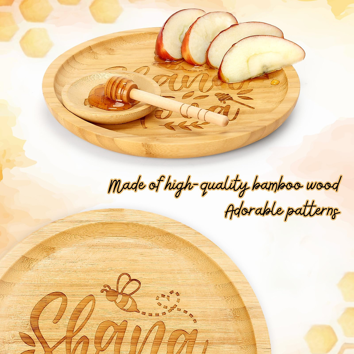 Huray Rayho Rosh Hashanah Apple Plate Set Shana Tova Apple and Honey Dish with Dipper Rosh New Year Hostess Gift Idea Shana Tova Bamboo Wood Server Tray Holiday Party Table Decorations