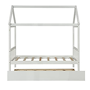 HAUSHECK Toddlers Montessori Bed with Trundle, Twin Size Montessori Bed Frame with Headboard & Footboard, House Bed Fun Playhouse for Kids Boys & Grils, No Box Spring Needed, Wooden Slatted Support