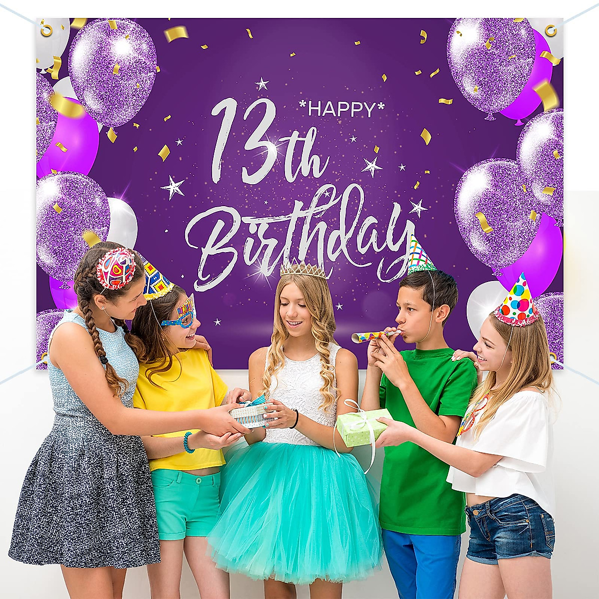 HAMIGAR 6x4ft Happy 13th Birthday Banner Backdrop - 13 Years Old Birthday Decorations Party Supplies for Girls - Purple