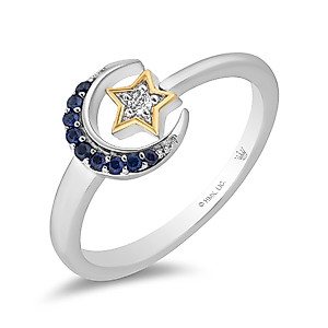 Jewelili Hallmark Fine Jewelry Sterling Silver and 14K Yellow Gold 1.3 MM Created Blue Sapphire and Natural White Round Diamond Accent Crescent Moon and Star Ring, Size 6