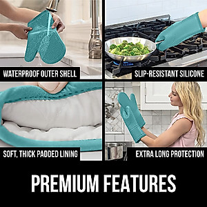 Gorilla Grip Silicone Oven Mitts Set and Meat Tenderizer, Both in Turquoise Color, Oven Mitts are Heat Resistant, Meat Tenderizer has Smooth and Textured Side, 2 Item Bundle