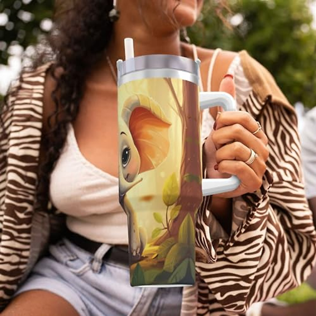 HULIBIN Cute Elephant Print Double Deck Stainless Steel Travel Coffee Cup With Lid 40 Oz Ice Bully Cup