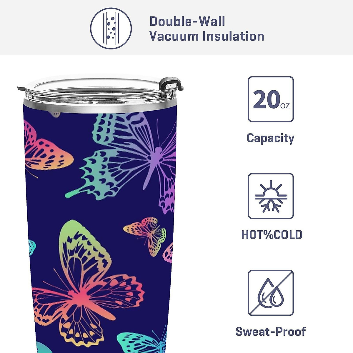 Blueangle 12oz Tumbler with Lid and Straw, Stainless Steel Vacuum Insulated Water Coffee Tumbler Cup,Rainbow Butterflies Travel Mug Thermal Cup for Hot and Cold Drinks（84）