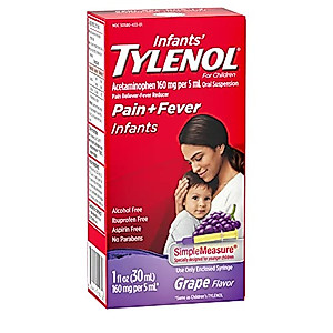 Tylenol Infants Oral Suspension Liquid Medicine with Acetaminophen, Baby Fever Reducer & Pain Reliever for Minor Aches & Pains, Sore Throat, Headache & Toothache, Grape Flavor, 1 fl. oz