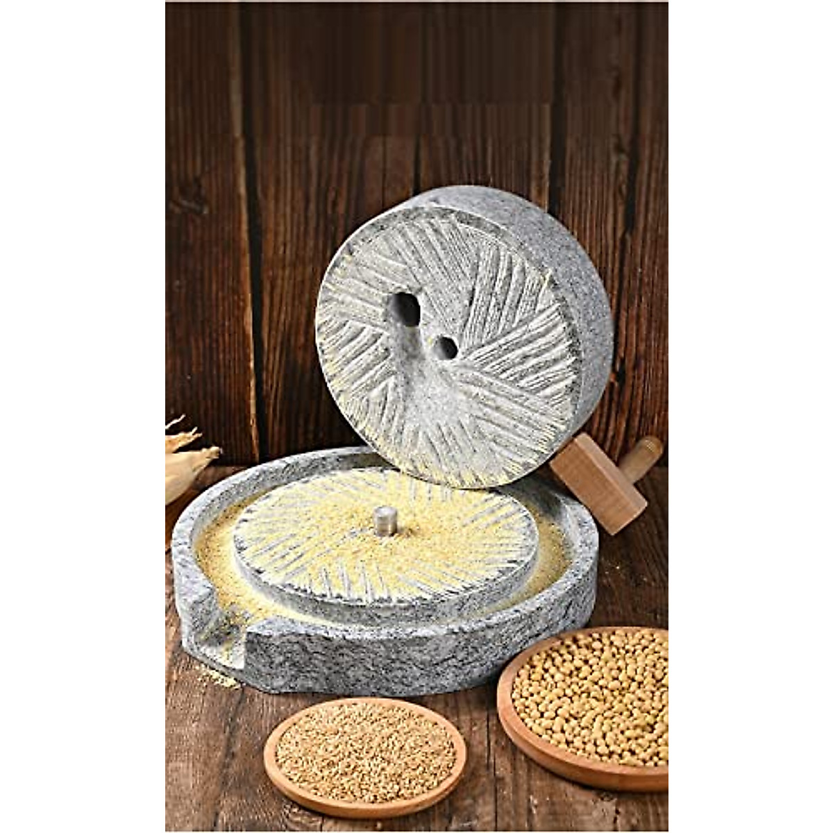 Coffee Grinder,Stone Mill,Hand Stone Mill, Grinding Wet Soybean Milk, Wheat Flour, Corn Juice, Sesame Seeds, Almonds,Peppers,Spices, Mung Beans,with Wooden Frame (7.87 * 11.8, White)
