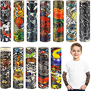 12 Pieces Tattoo Arm Sleeves for Kids Temporary Kids Tattoo Sleeve UV Sun Protection Kids Arm Sleeves (Rich Pattern)