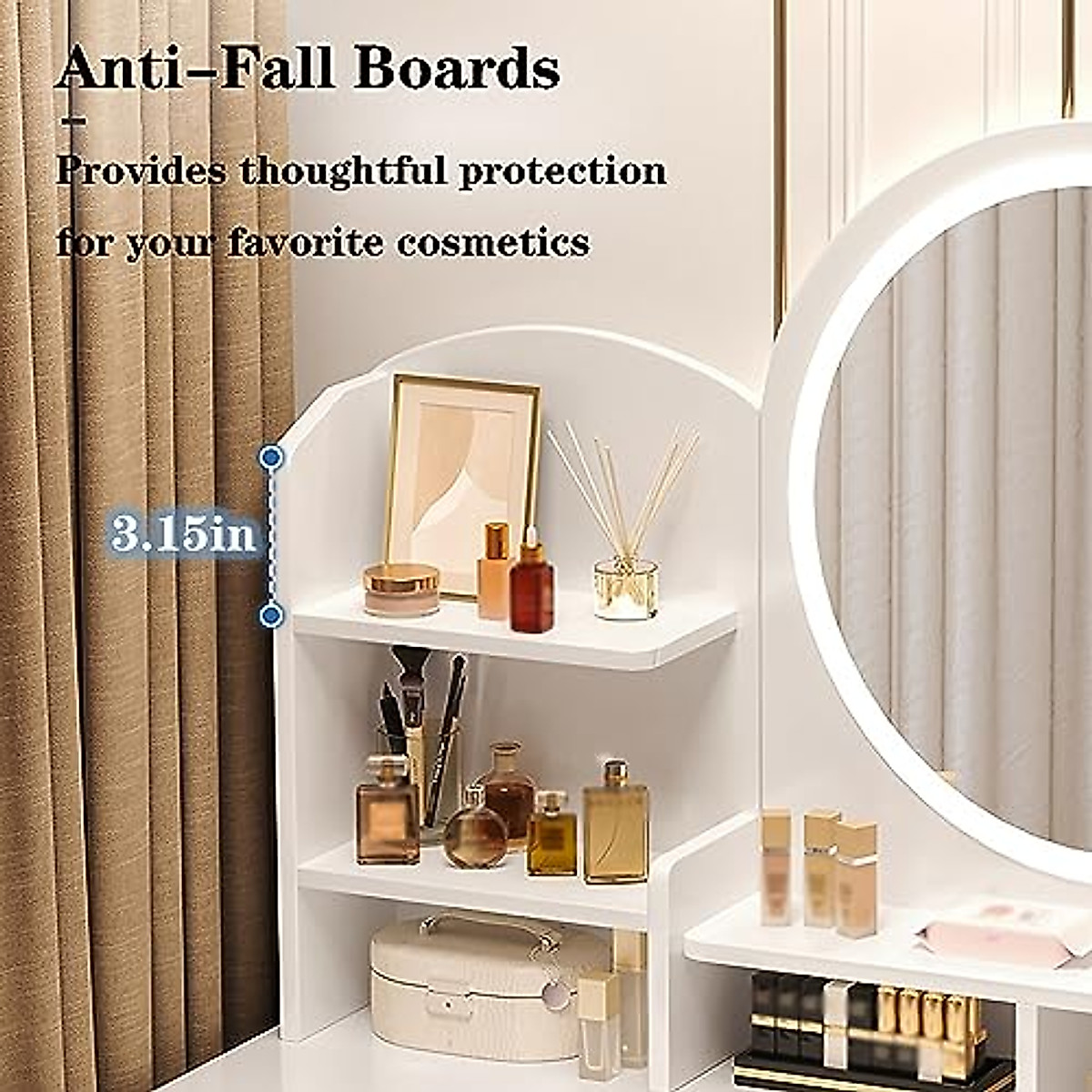 Vanity Set with Lights and Stool Makeup Vanity Desk with Mirror Dressing Table with Four Drawers Raise the Fence to Prevent Falling Exquisite Handle Smooth Pulling Three Level Brightness Adjustment (