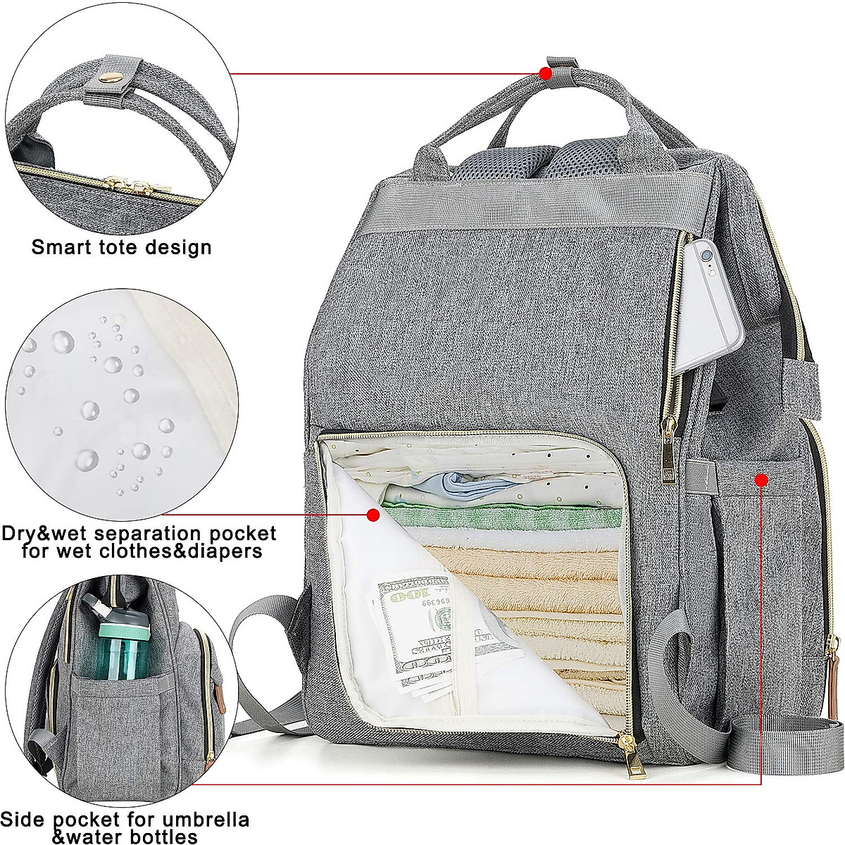 FANCYOUT Diaper Bag Backpack with USB Charging Port and Stroller Straps, Maternity Nappy Bag with Insulated Feeding Bottle Pocket (Grey)