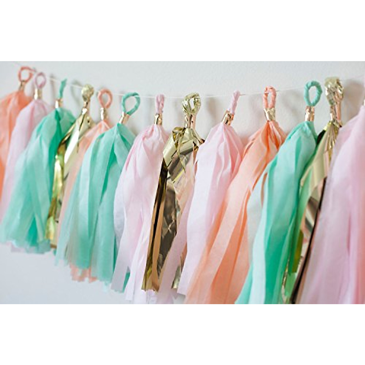 Hand Made 16 x Mint Pink Gold Apricot Tissue Paper Tassels for Party Wedding Gold Garland Bunting Pom Pom by Originals Group