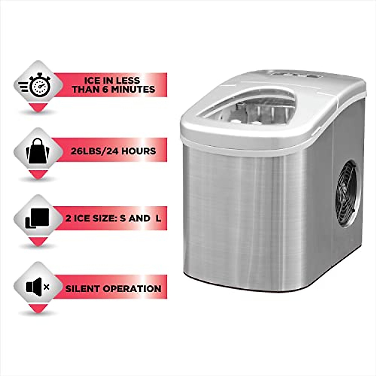 26 lb. Countertop Ice Maker, LED Control Panel Lets You Adjust Settings and Options, Integrated Bin Stores up to 1.5lb, Suitable for Restaurants, Kitchens, Etc, Stainless Steel