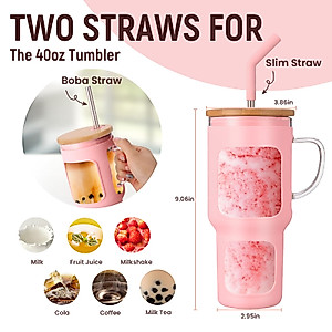 COMOOO 40oz Glass Tumbler with Bamboo Lid and Straw, Glass Water Cup with Handle, Iced Coffee Drinking Cup with Silicone Sleeve, Glass Water Bottle Dishwasher Safe, Cup Holder Friendly, Pink
