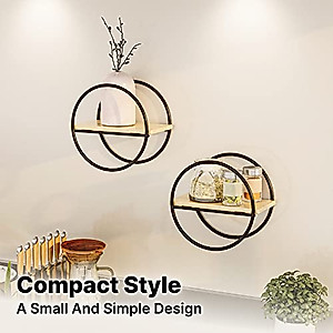 BENOLDY, Circle Mini - Luxury Varnished Pine Wood Floating Shelf - Black Metal Frame Mini Wall Decor Shelves for Bathroom, Living Room, Bedroom and Kitchen